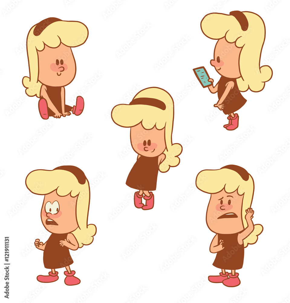 Vector cartoon set of cute little girls: standing and looking back ...