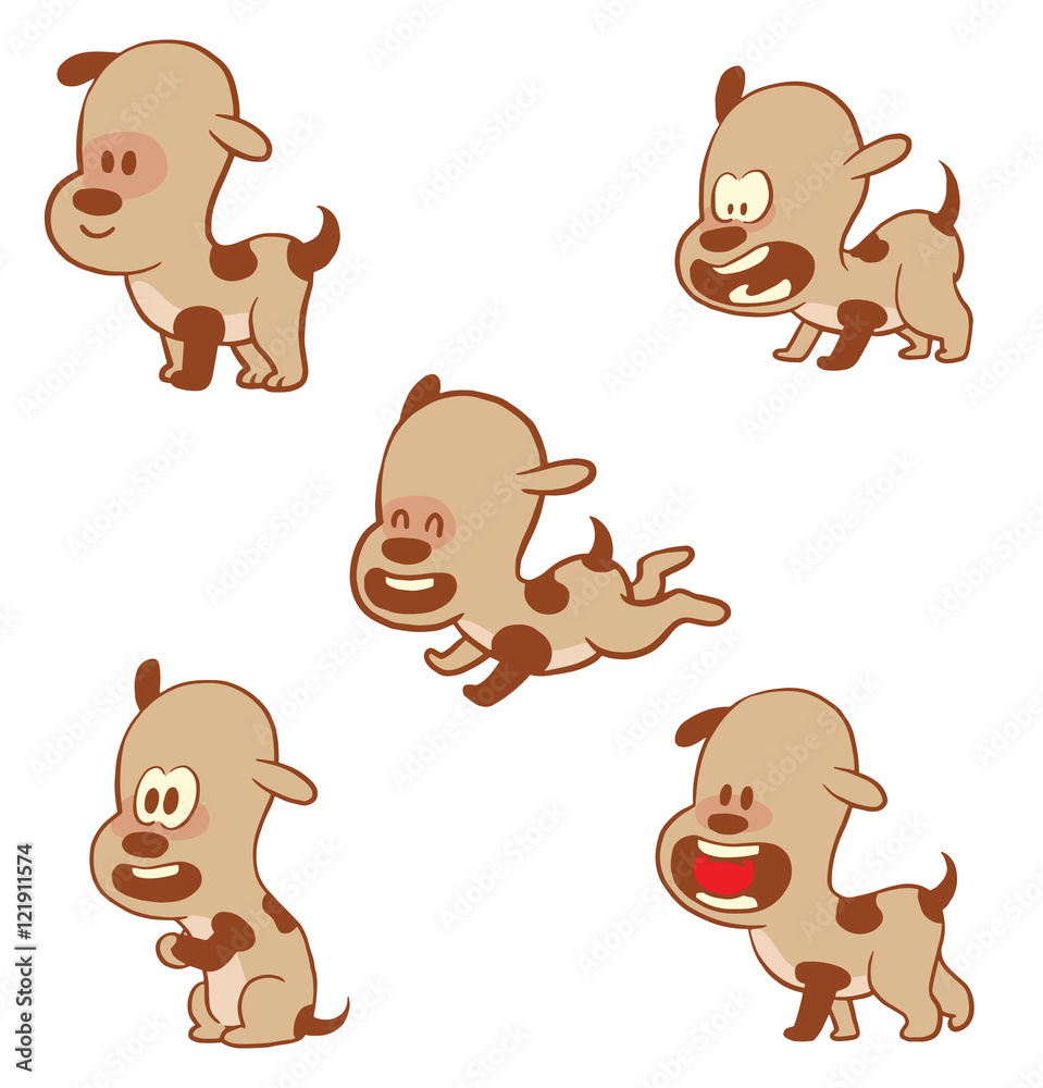 Vector cartoon set of funny little dogs: standing, rejoicing something ...