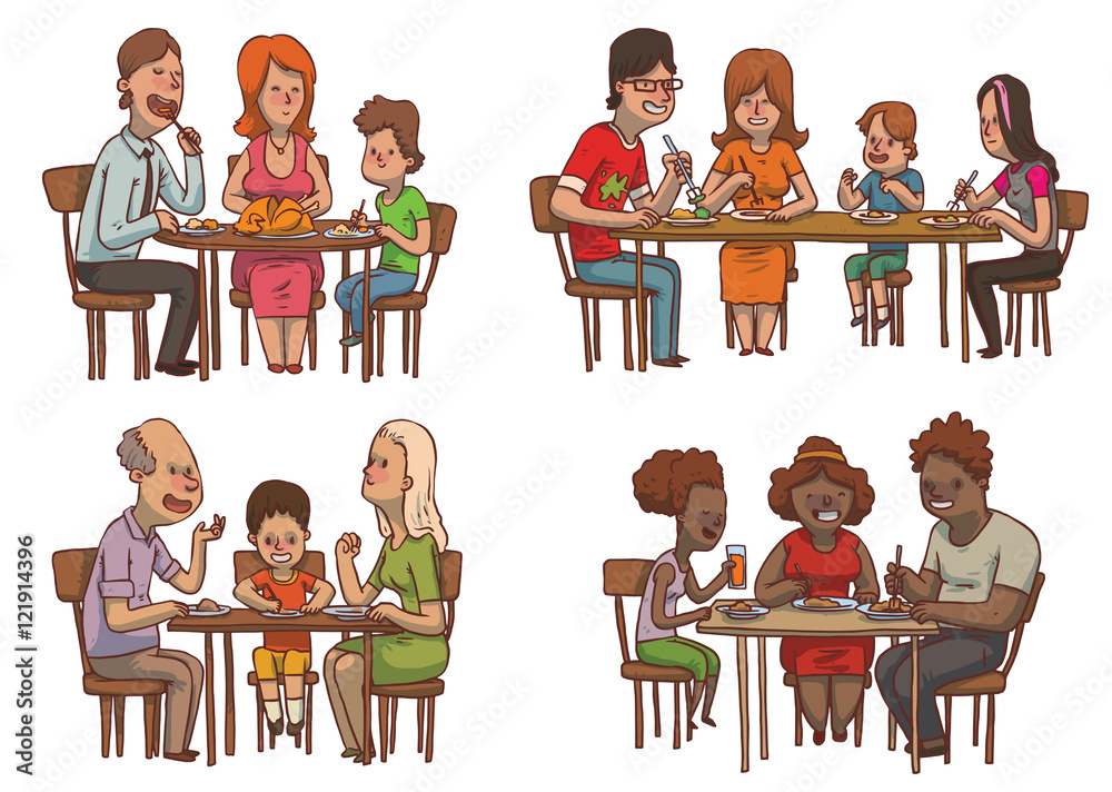 Vector set of cartoon images of family dinners, various members of ...