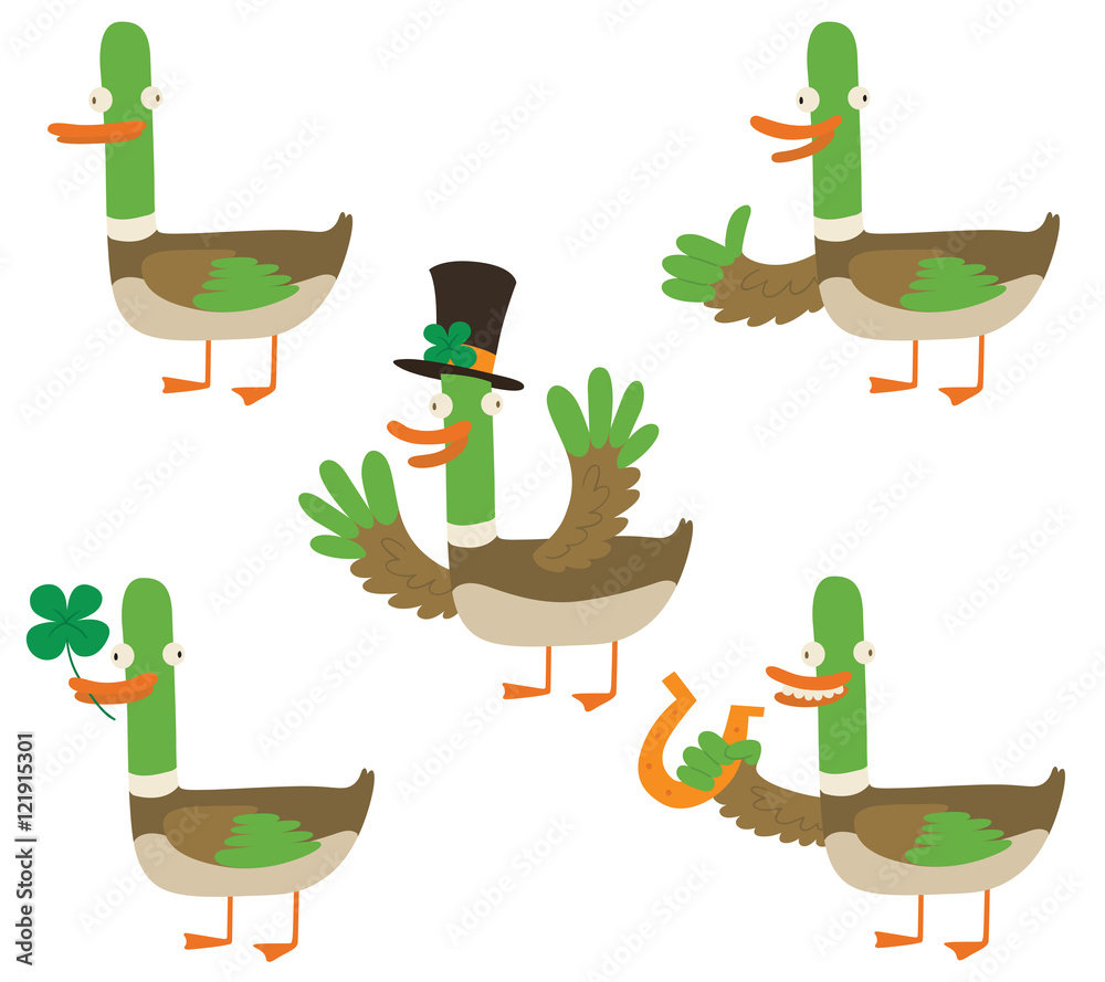 Vector set of cartoon images of funny "good luck" ducks with brown ...