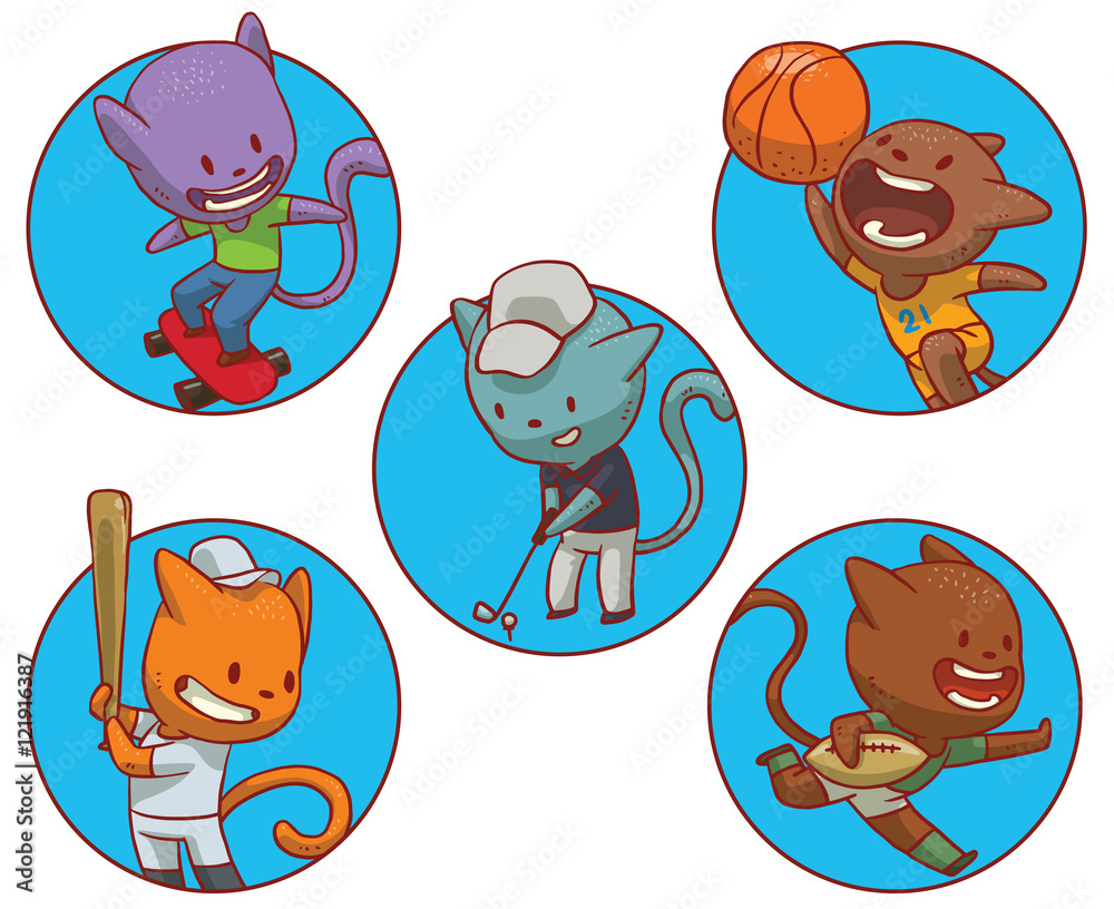 Vector set of round blue frames with cartoon images of cute cats ...
