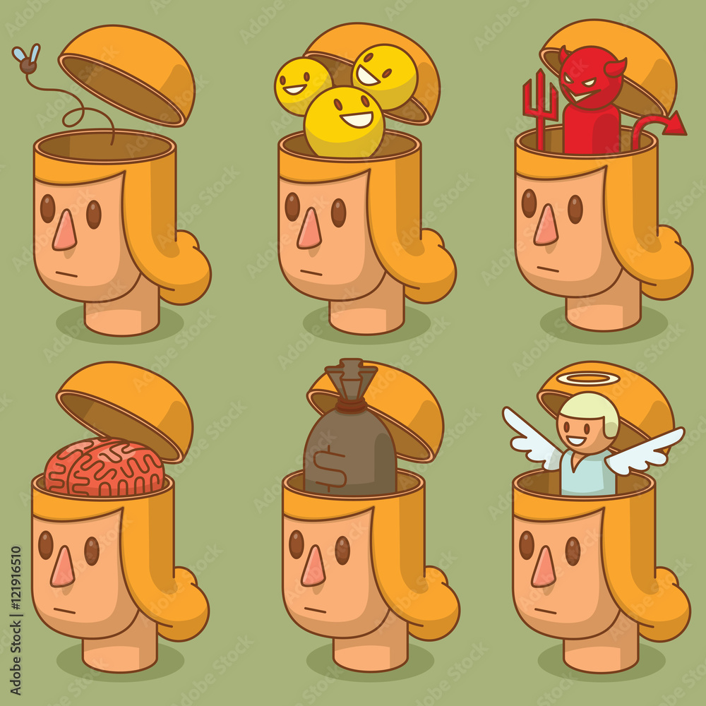 Vector set of cartoon images of women's heads with open braincases from ...