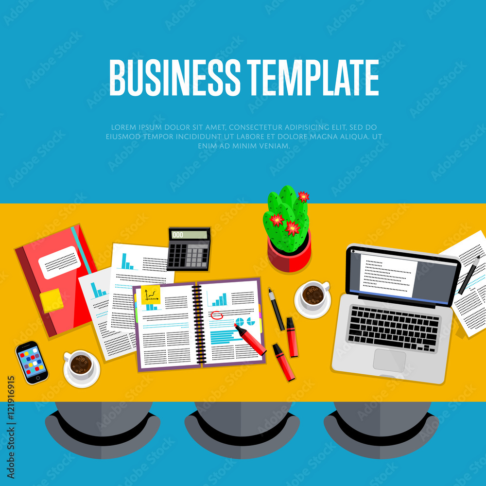 Business template. Top view office workspace, vector illustration ...