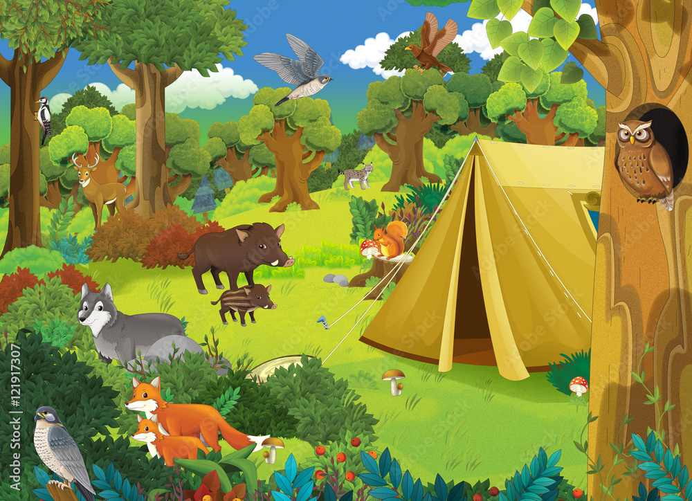 Cartoon scene with wild animals in the forest and camping - tent ...