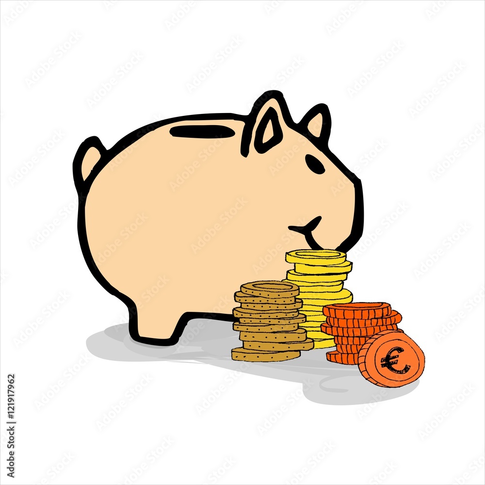 Sparschwein wittert Geld - Geldhaufen sparen gezeichnet gemalt Elemente ...