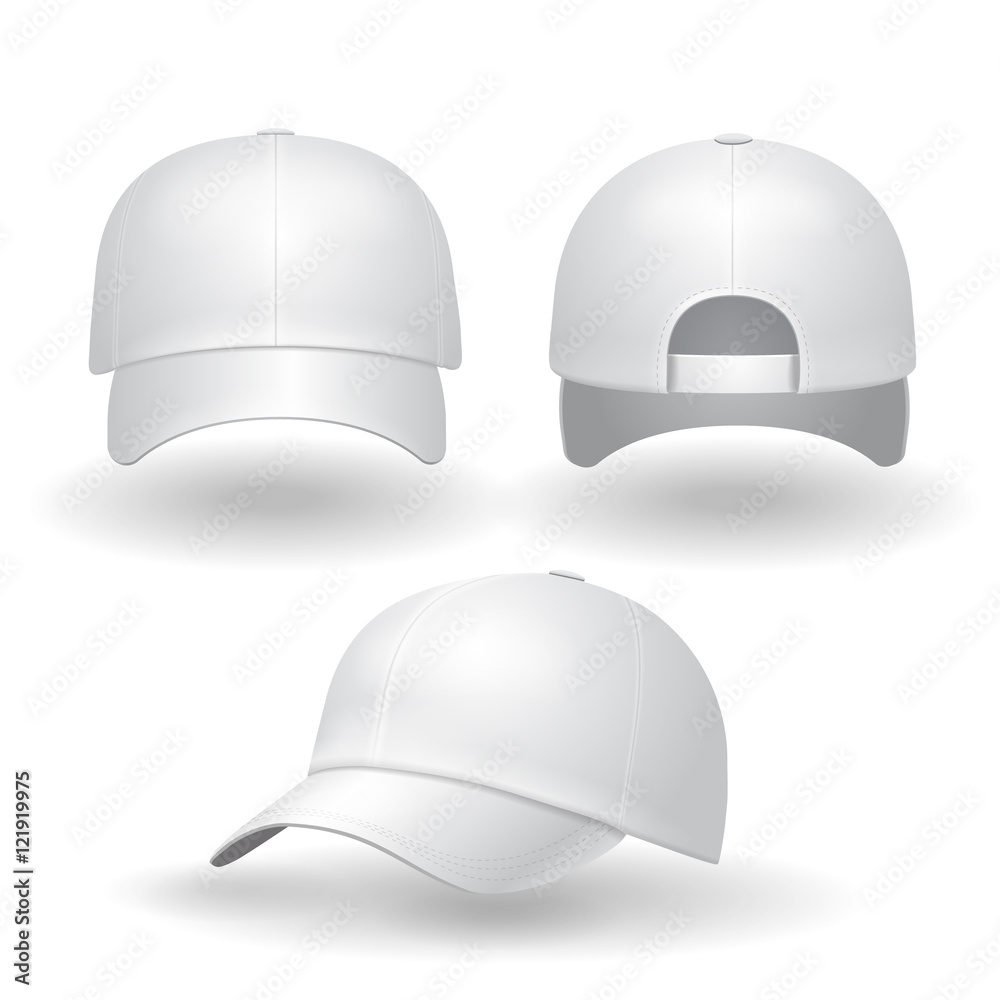 Realistic white baseball cap set. Back front and side view isolated on ...