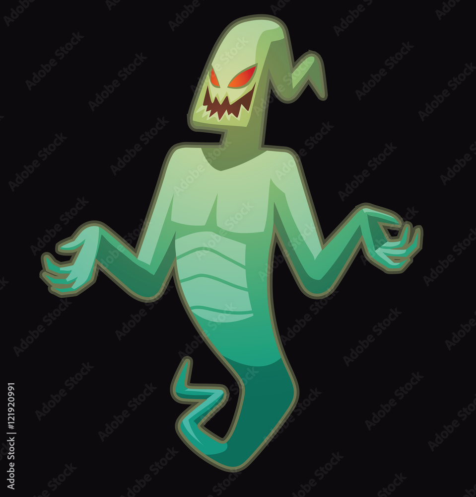 Vector cartoon image of funny light green ghost with red eyes flying ...