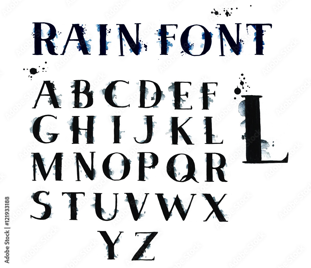 Hand-drawn watercolor alphabet. Black isolated letters with water ...