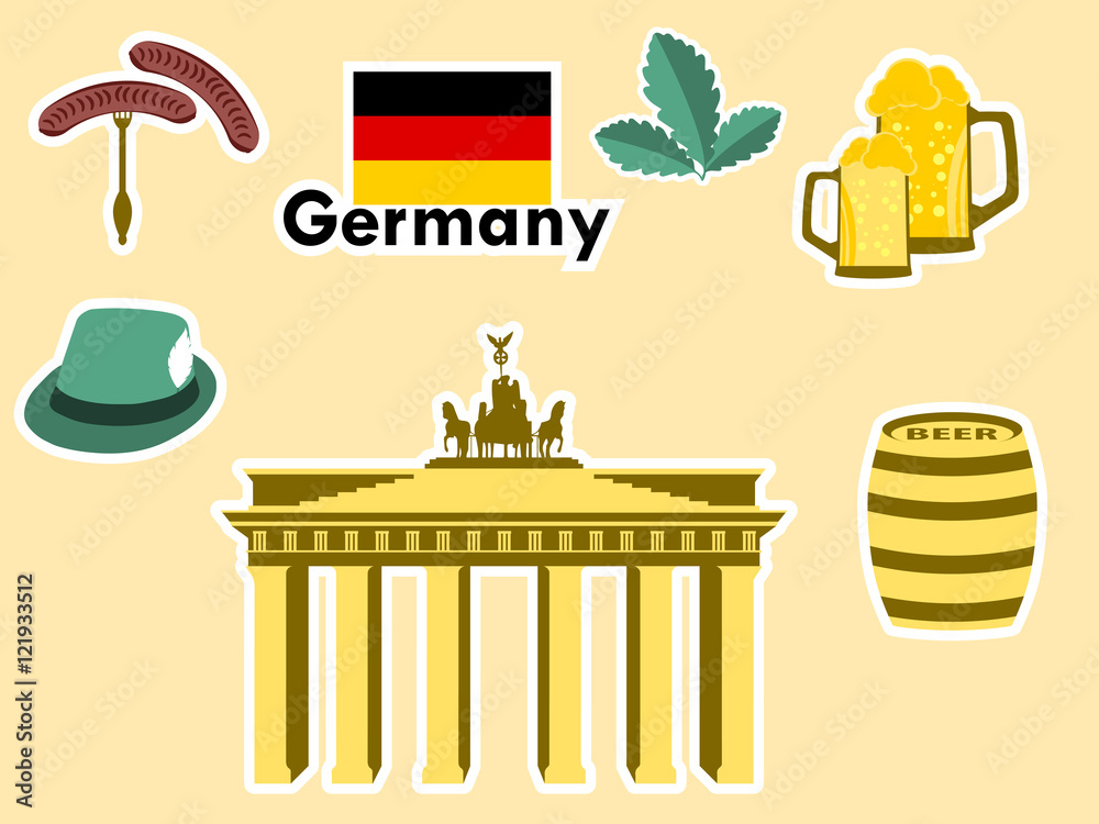 German stickers, germany symbols, the Brandenburg Gate, beer, oak ...