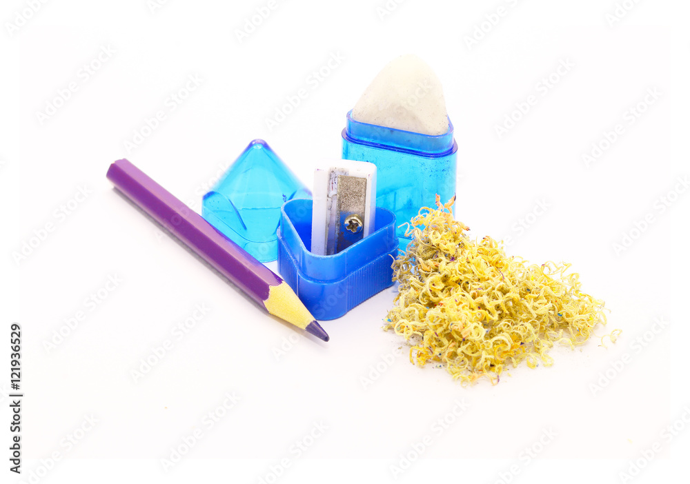 Pencil sharpener and an eraser on white background Stock Photo | Adobe ...