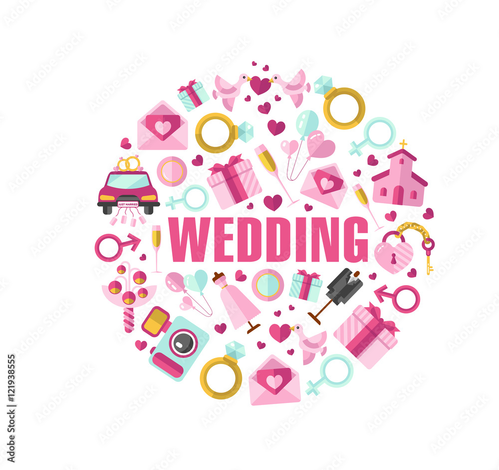 Flat design vector illustration of wedding in round shape. Bride and ...