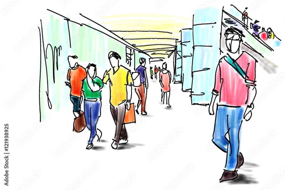 people walking in shopping mall free hand sketch Stock Illustration ...