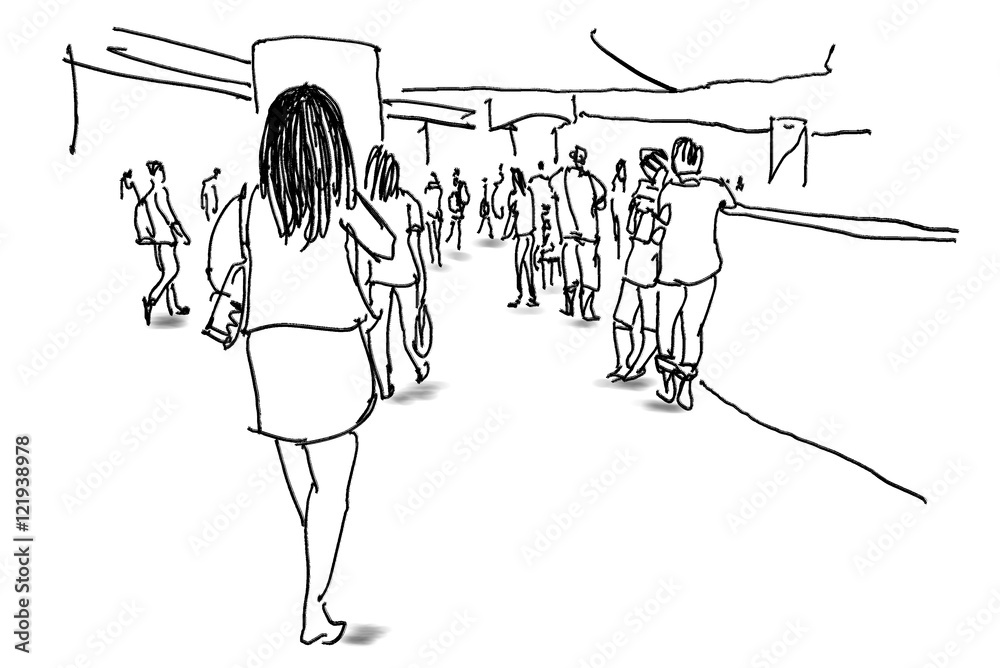 people walking in urban scene free hand sketch Stock Illustration ...