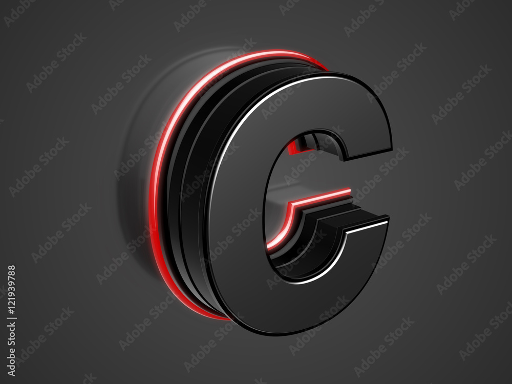 Futuristic uppercase Letter C - black glossy extruded letter with red ...
