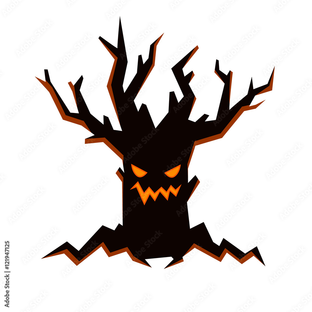 Black evil tree with scary smiling face, fire inside and bare branches ...