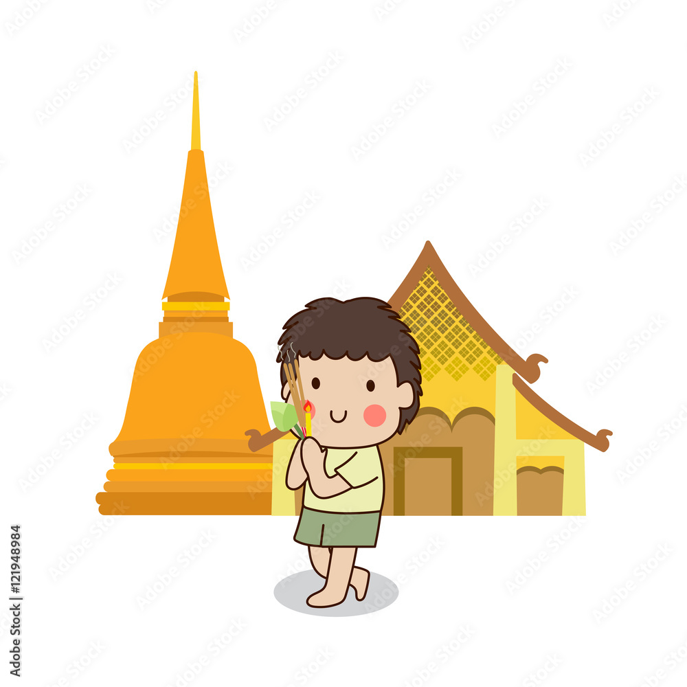 Buddhist boy walking with lighted candles in hand around a temple to ...