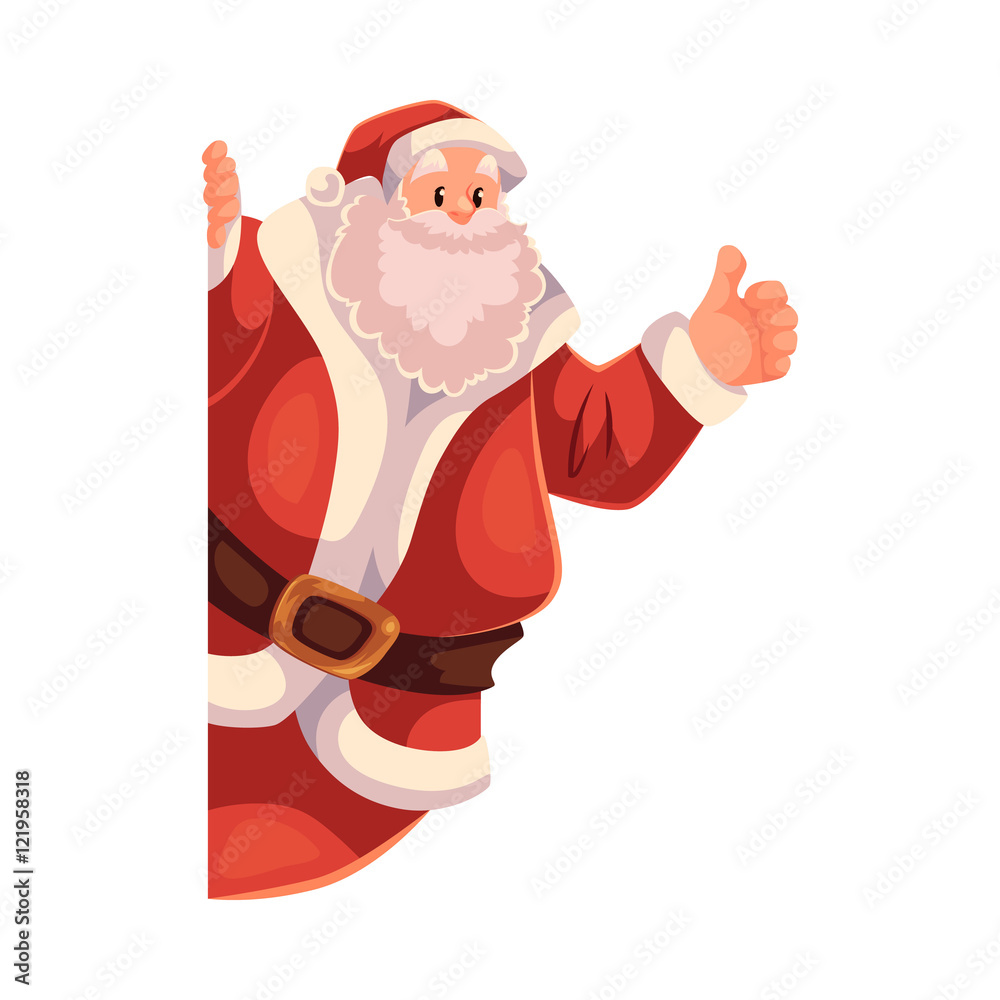 Santa Claus looking from behind the wall, cartoon style vector ...