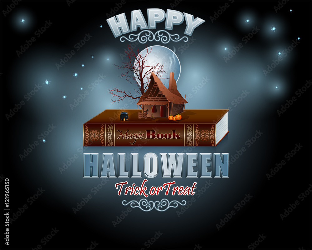 Imaginary holiday, background with the witch's hovel in moonlight on a ...