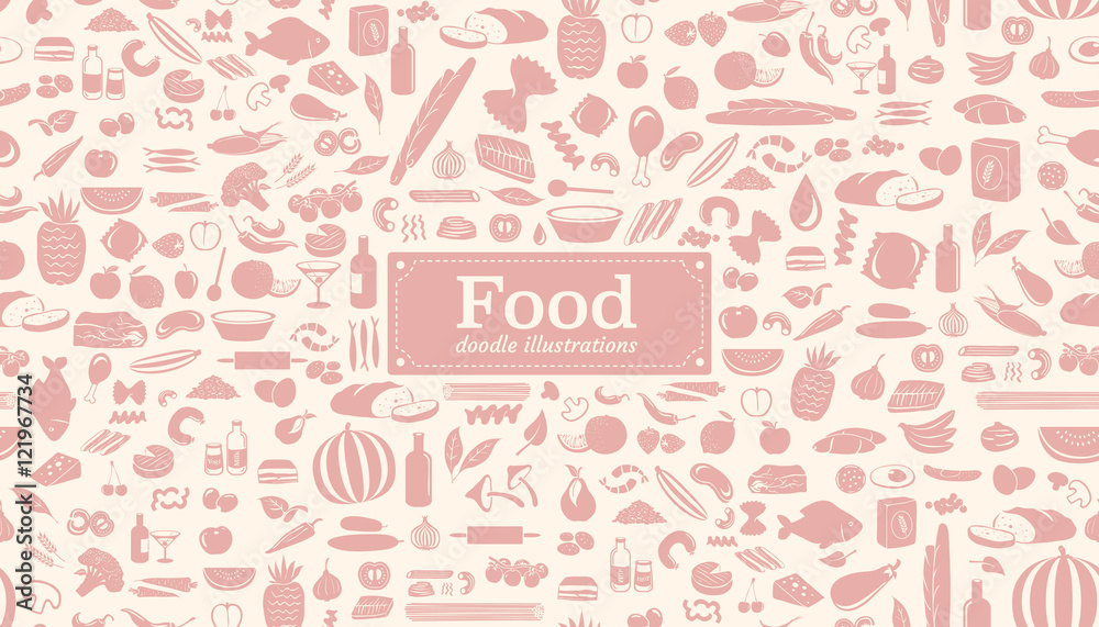 Seamless food pattern made from small illustrations with food lettering ...