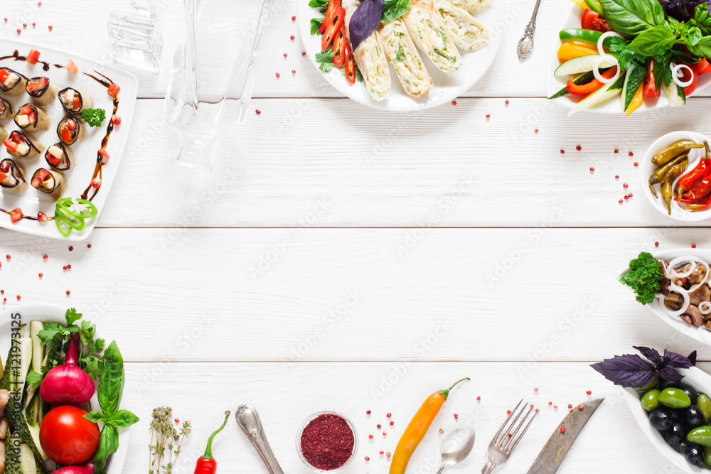 Food frame on white wooden table, free space. Top view on white wooden ...