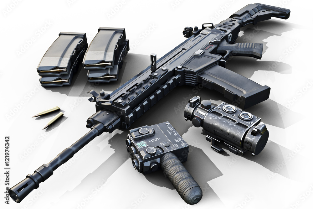 Assault rifle with tactical accessories front and rear sites , and a ...