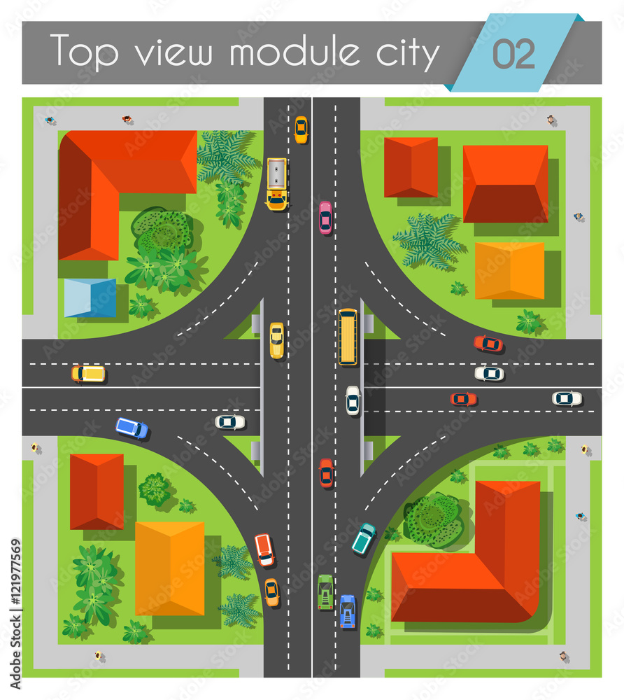 Highway junction roads with cars and transport top view. City ...