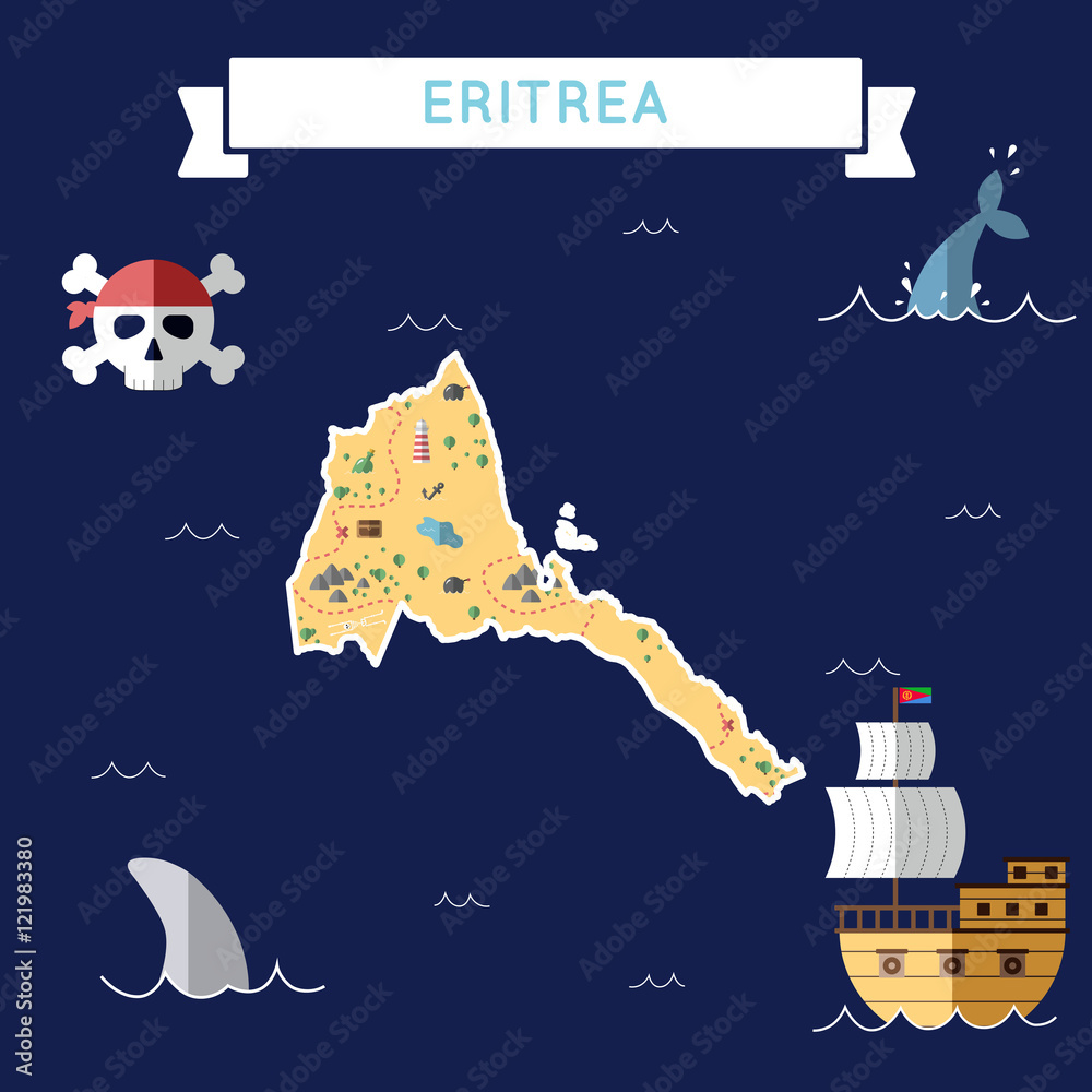 Flat treasure map of Eritrea. Colorful cartoon with icons of ship ...