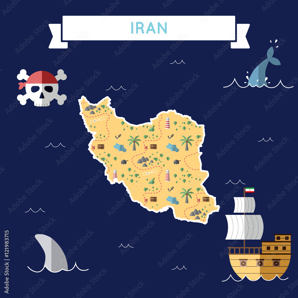 Flat treasure map of Iran, Islamic Republic Of. Colorful cartoon with ...