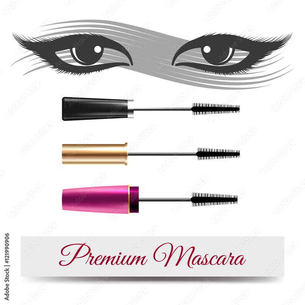 Mascara brushes presentation vector. Eyes and mascara smear and banner ...