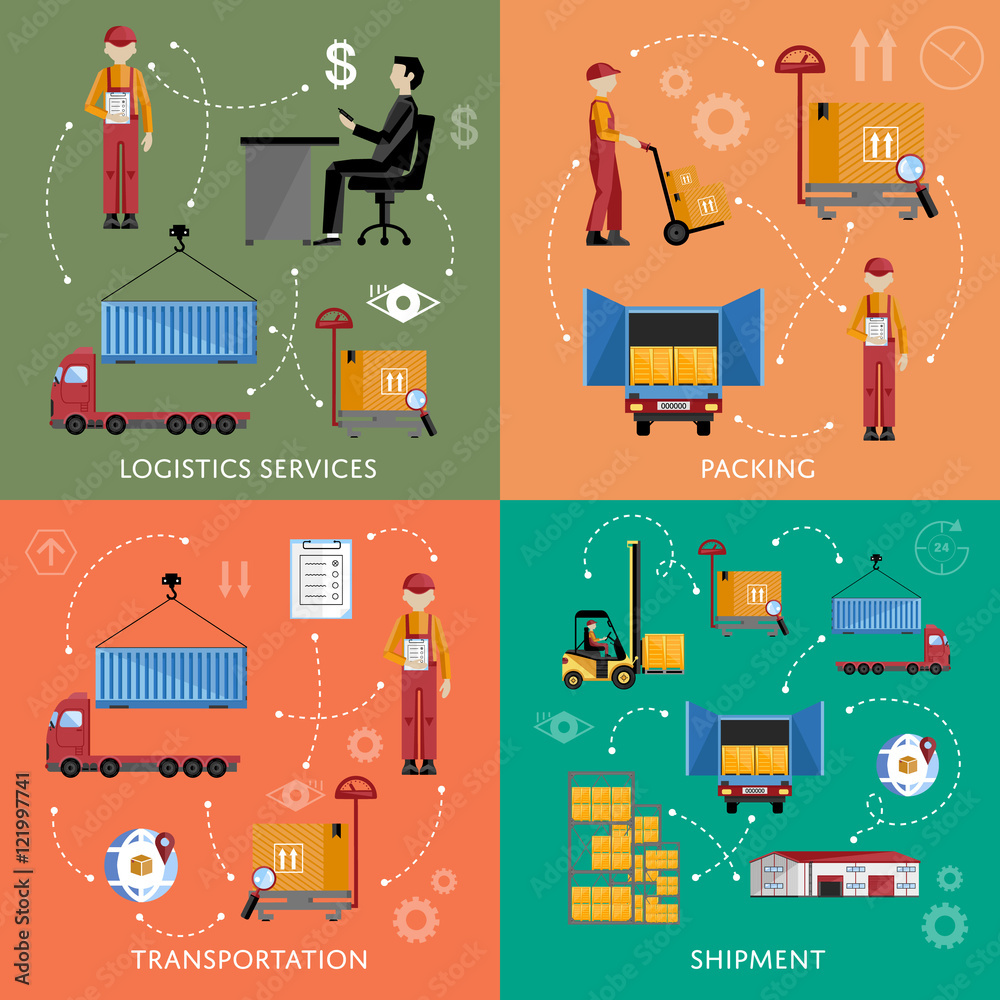 Warehouse process infographics four banners. Supply chain illustration ...