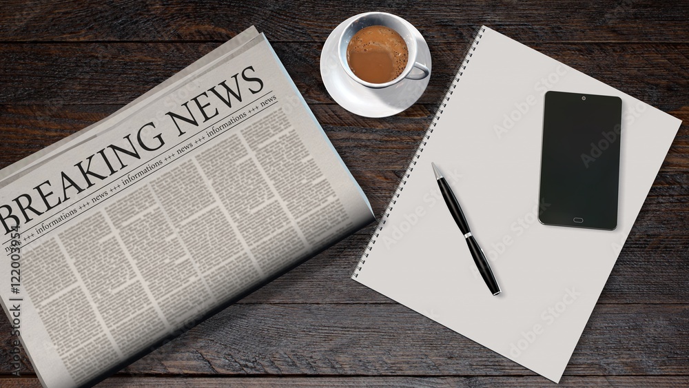 office table with newspaper and the headline Breaking News and ...