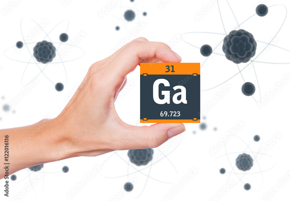 Gallium element symbol handheld and atoms floating in background Stock ...