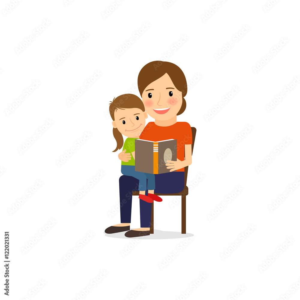 Mother and child reading book, cartoon vector illustration Stock Vector ...