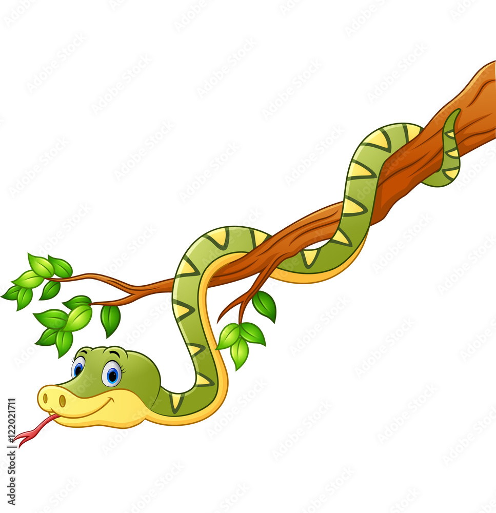 Cartoon green snake on branch Stock Vector | Adobe Stock