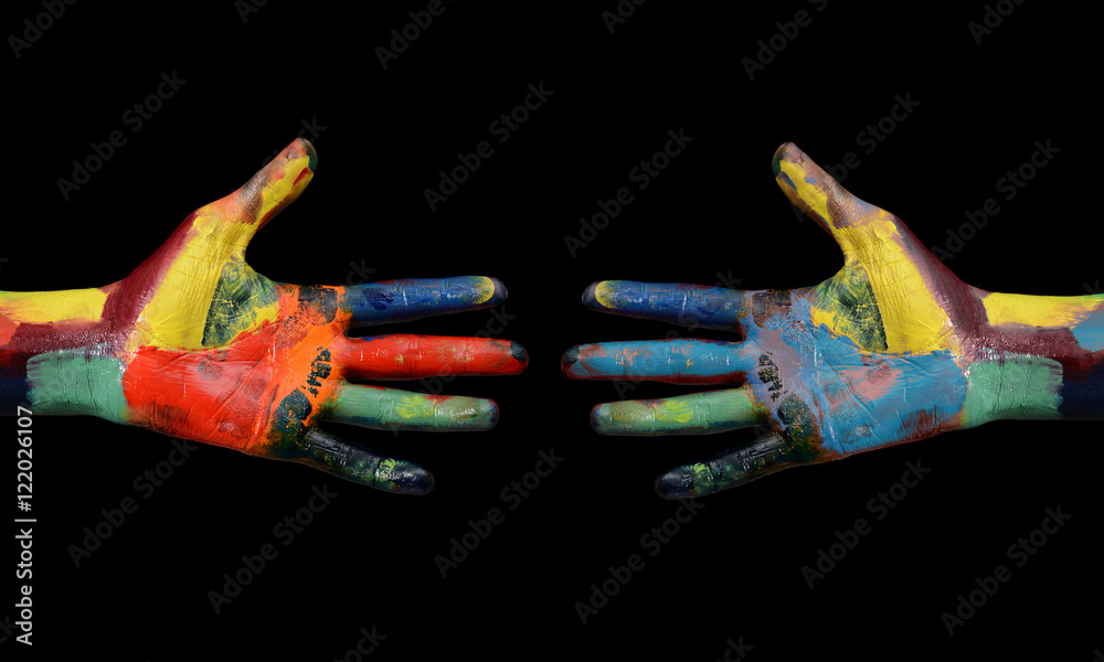 Two Multi Color painted hands coming to each other Stock-Foto | Adobe Stock