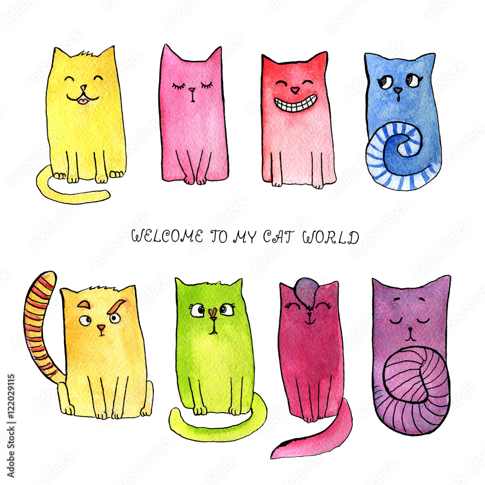 Cartoon and funny watercolor smiling cat with quote "welcome to my cat ...
