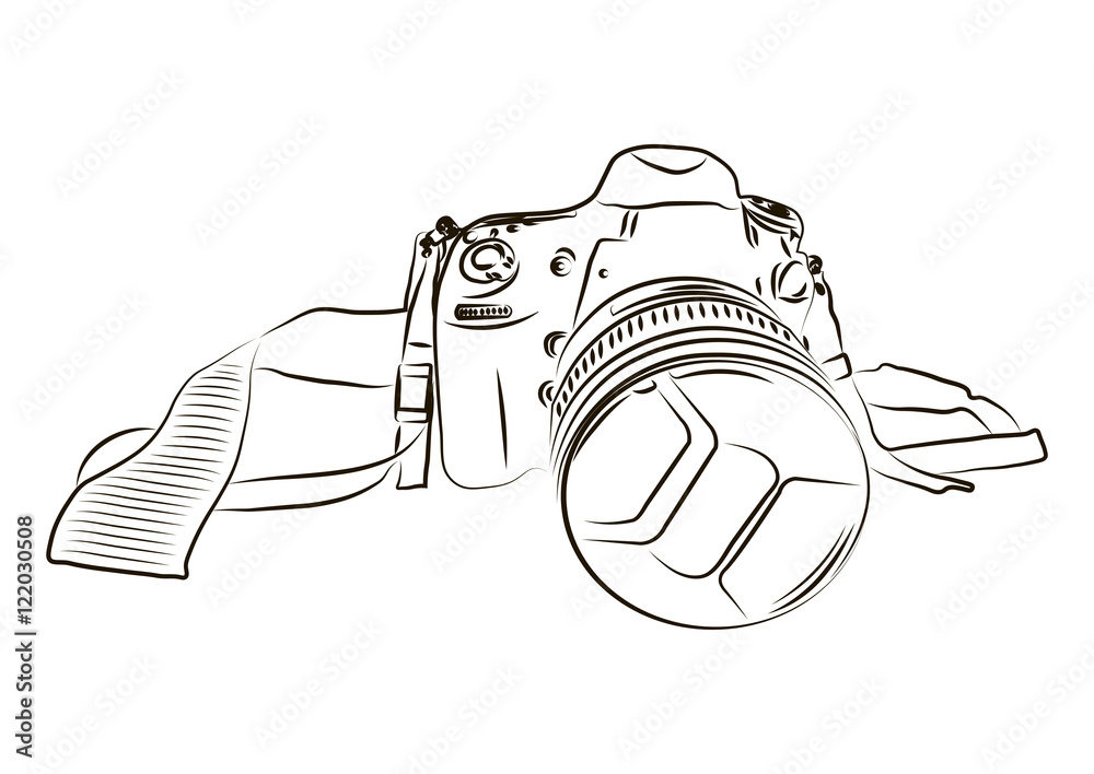 Black camera sketch on a white background. Vector illustration. Stock ...
