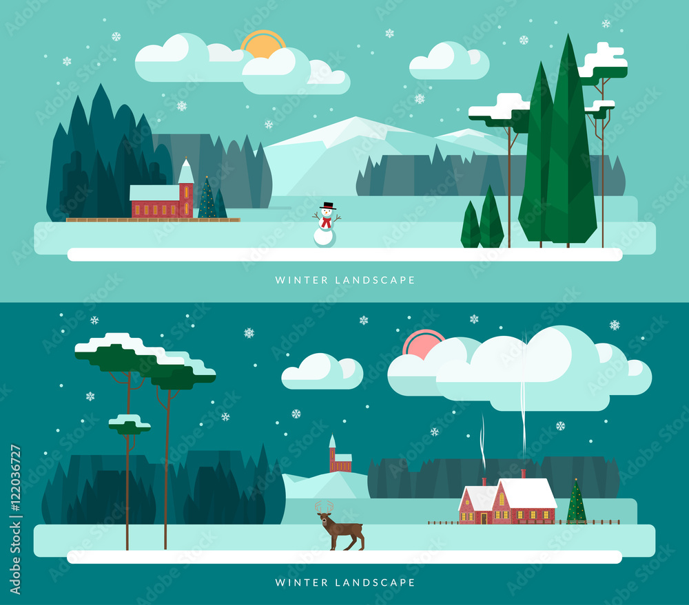 Winter landscape vector illustrations set in flat design style. Winter ...