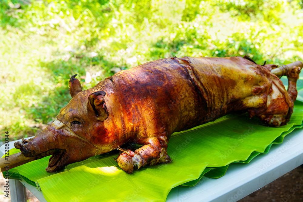 Fire-roasted suckling pig served on banana leaves. Filipino food Stock ...