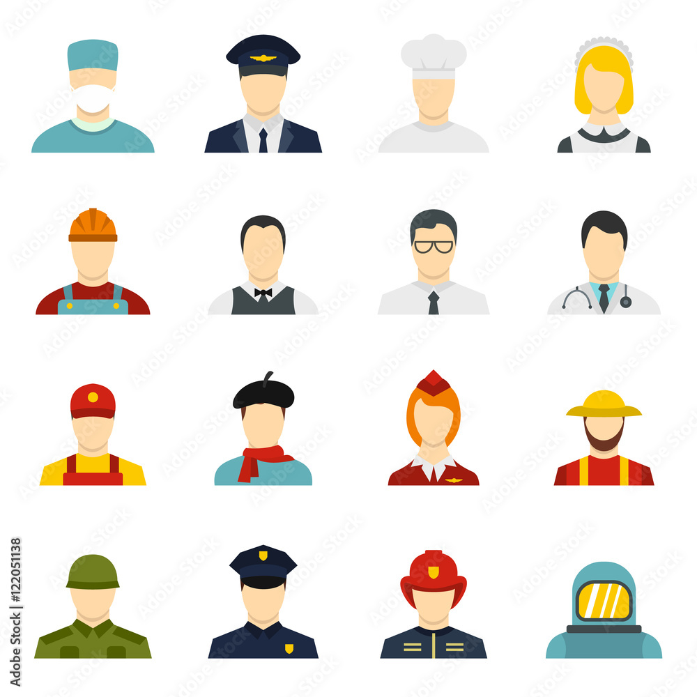 Professions icons set in flat style. People activities set collection ...