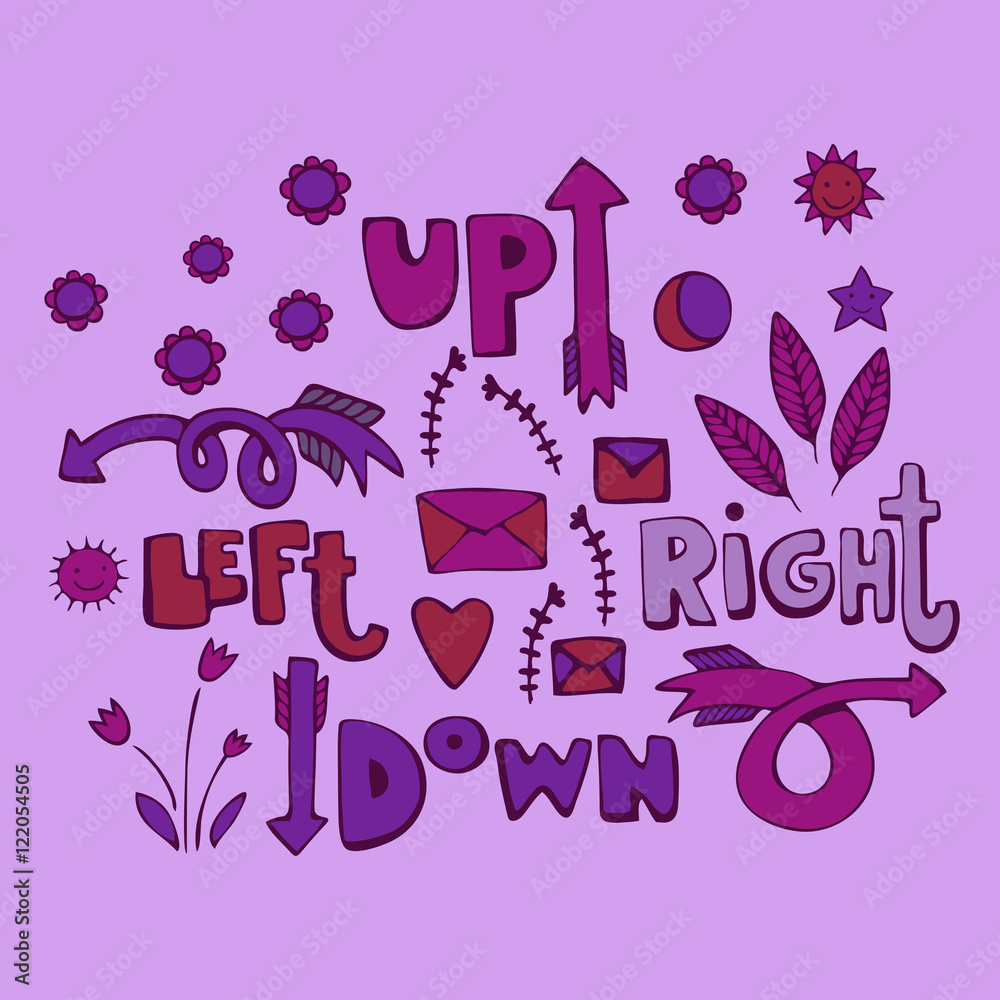 Right and left, up and down Set of isolated hand drawn elements ...