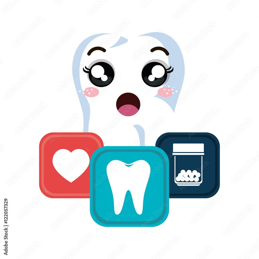 cartoon human tooth with surprised expression face and dental icons ...