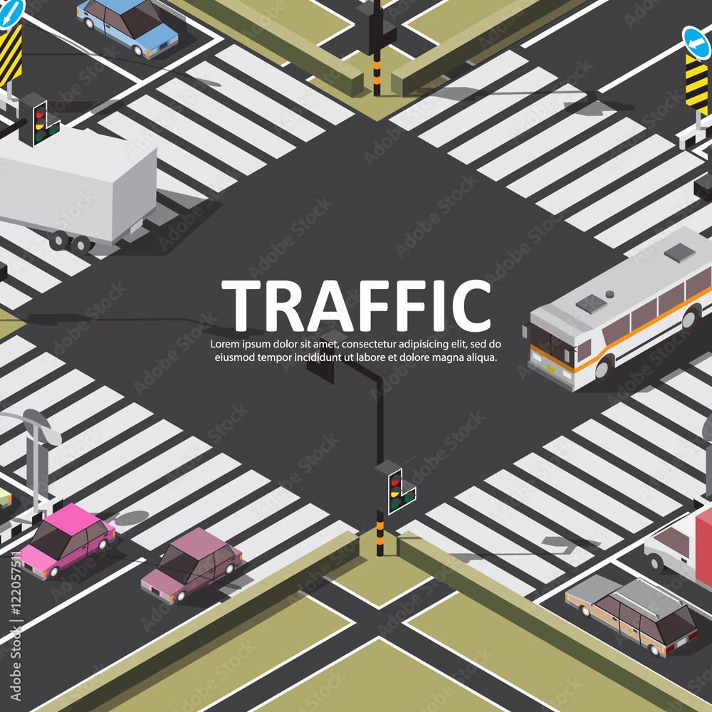 Crossroads and road markings isometric Transport car, urban traf vector ...