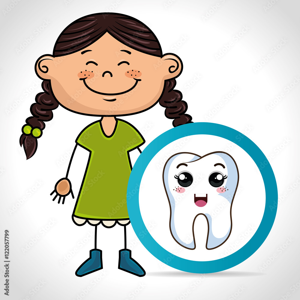 cartoon girl smiling with human tooth with happy expression face ...