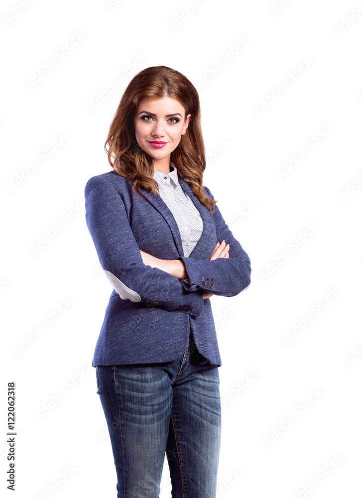Woman in jeans and blue jacket, studio shot, isolated Stock Photo ...