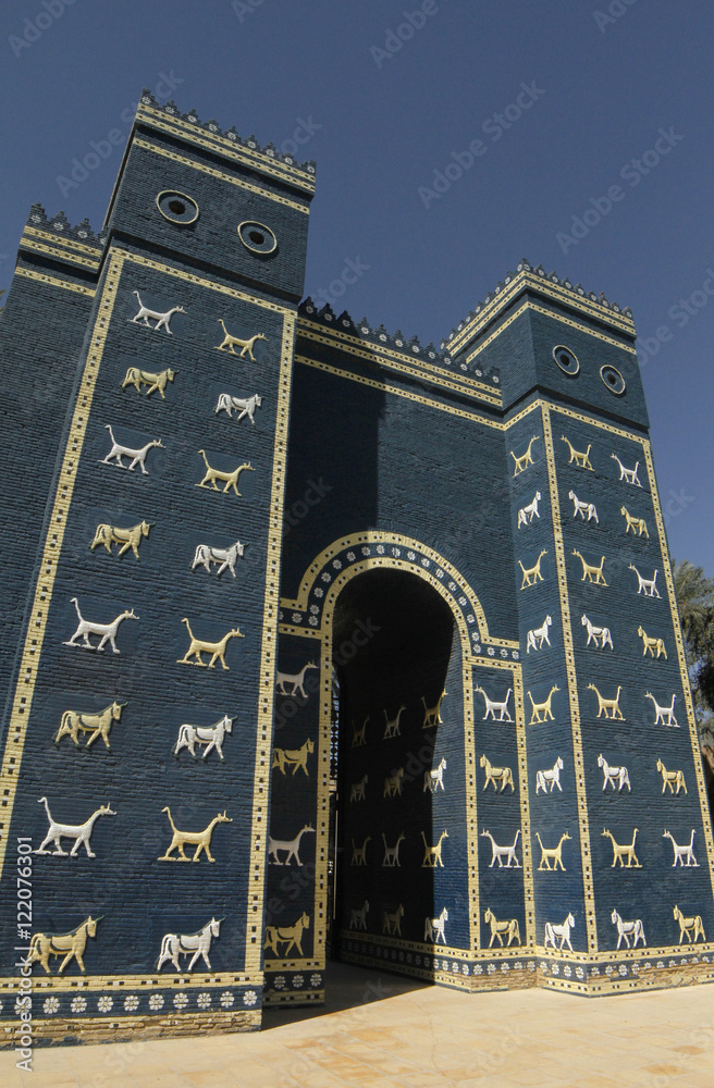 Replica of the Ishtar gate at the entrance of Babylon, Iraq. Stock ...