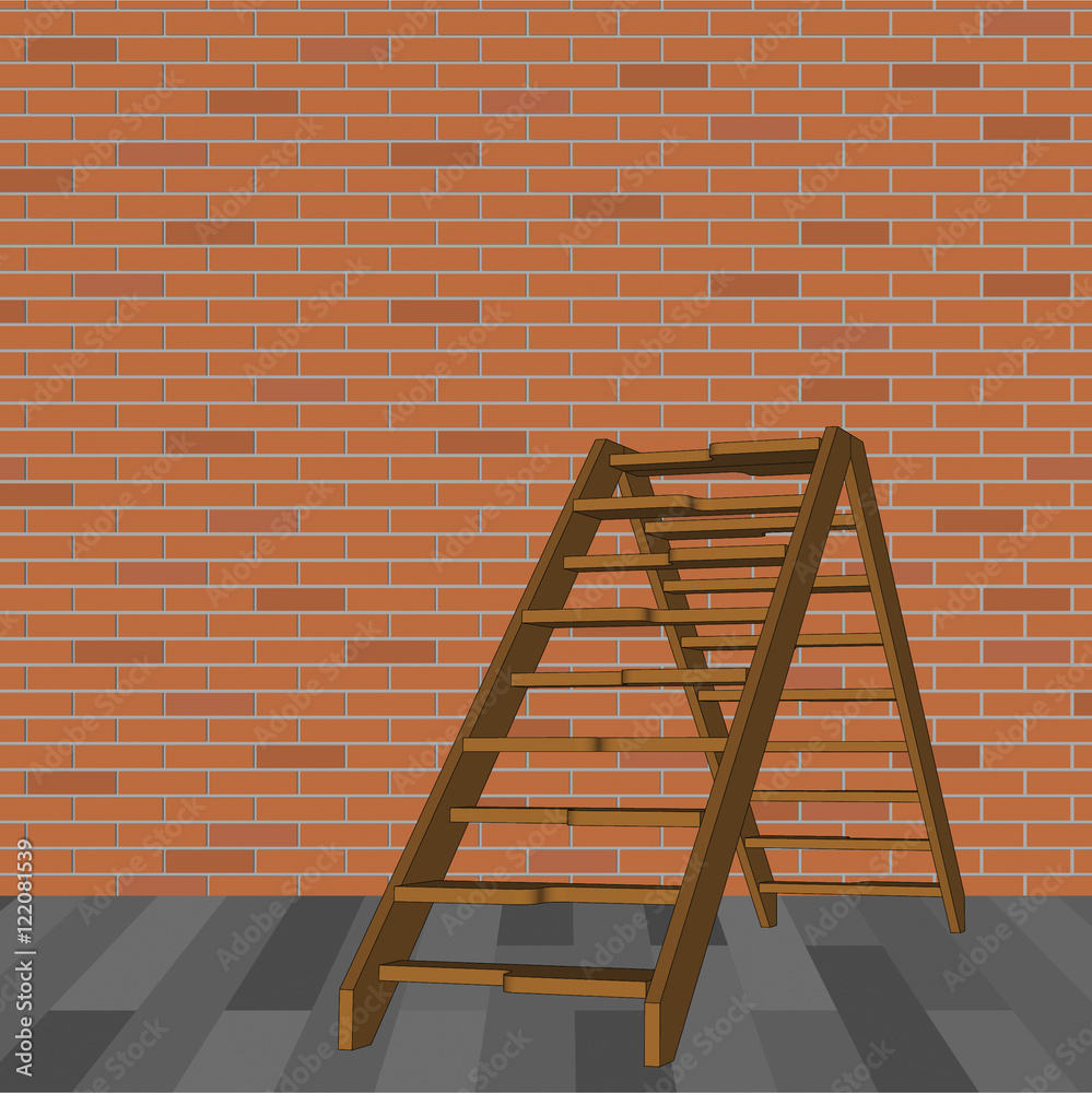 Ladder wooden. Gray brick wall and wood floor background. Model room ...