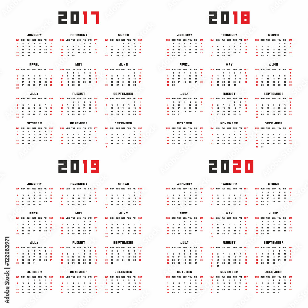 Calendar for 2017, 2018, 2019, 2020 Stock Vector | Adobe Stock