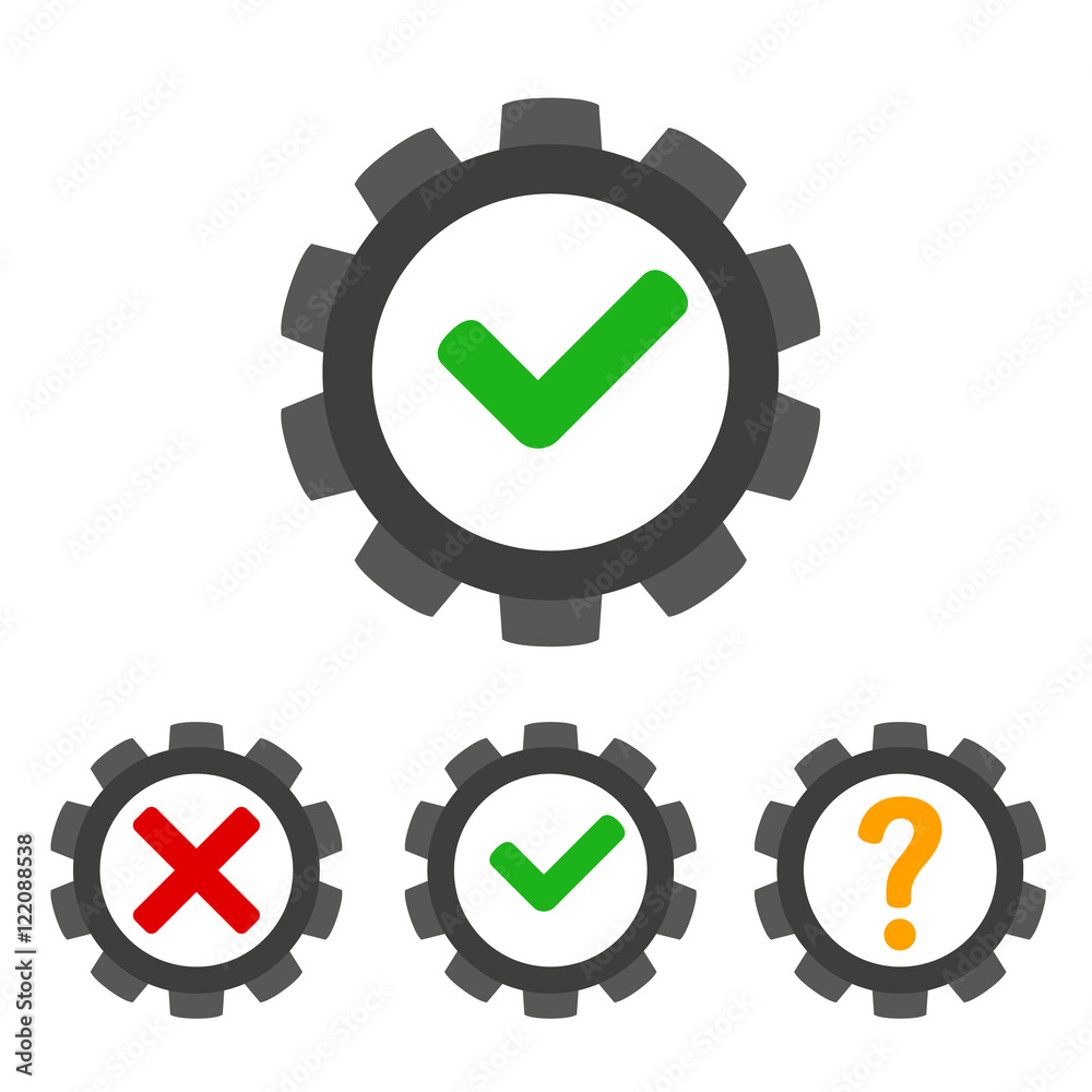 gear icon with a check mark. gears icons with signs but, no, question ...