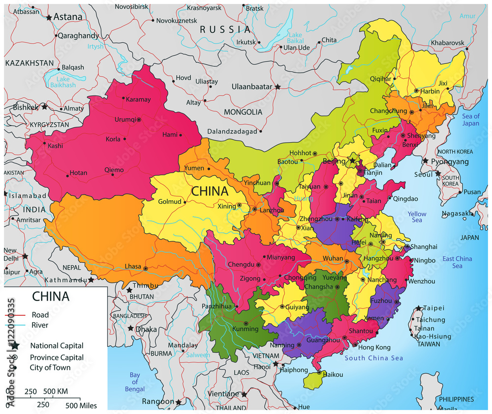 Colorful China political map with selectable territories. Vector Stock ...